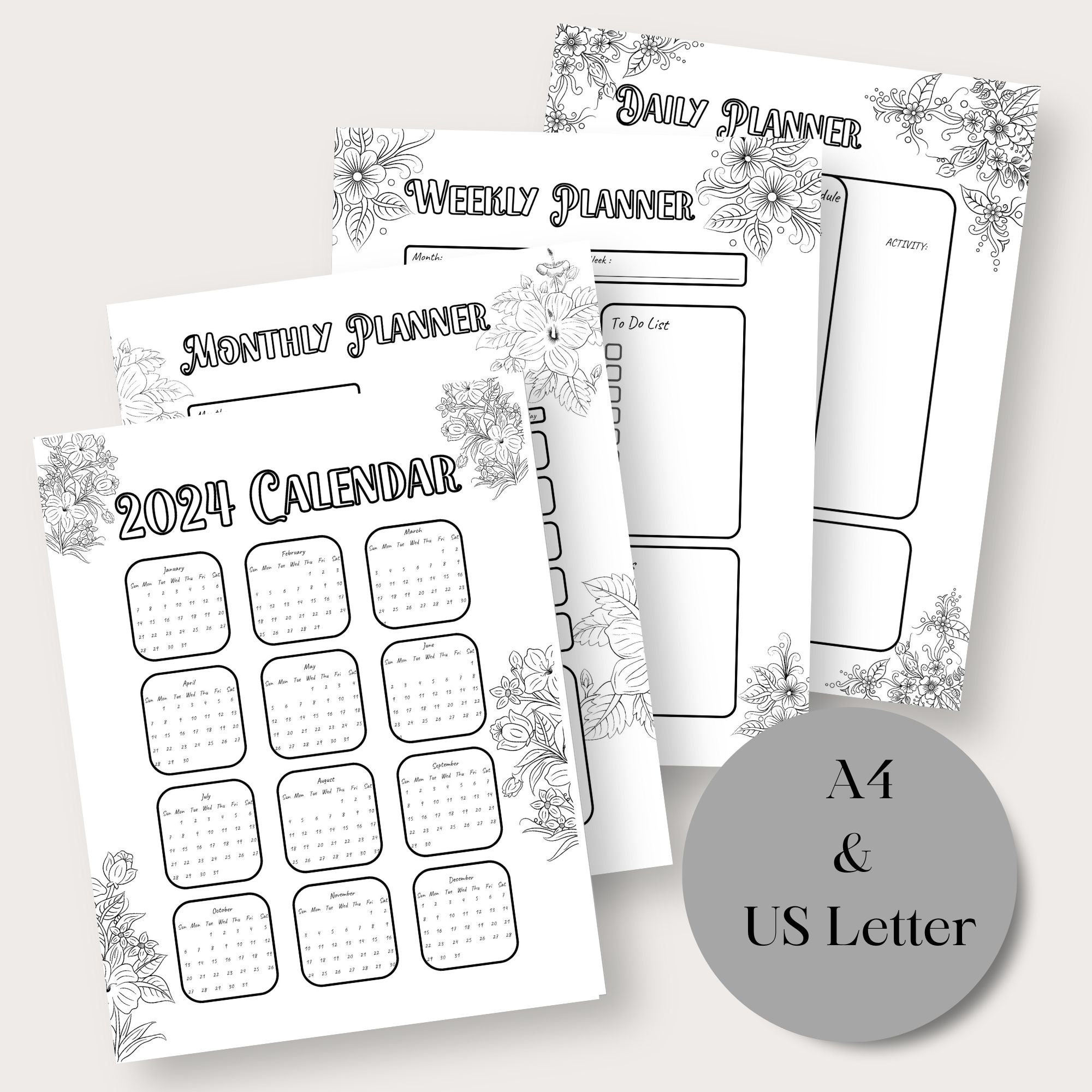 Coloring Calendar & Planner Adults 2024 Calendar Adult Coloring Floral ...