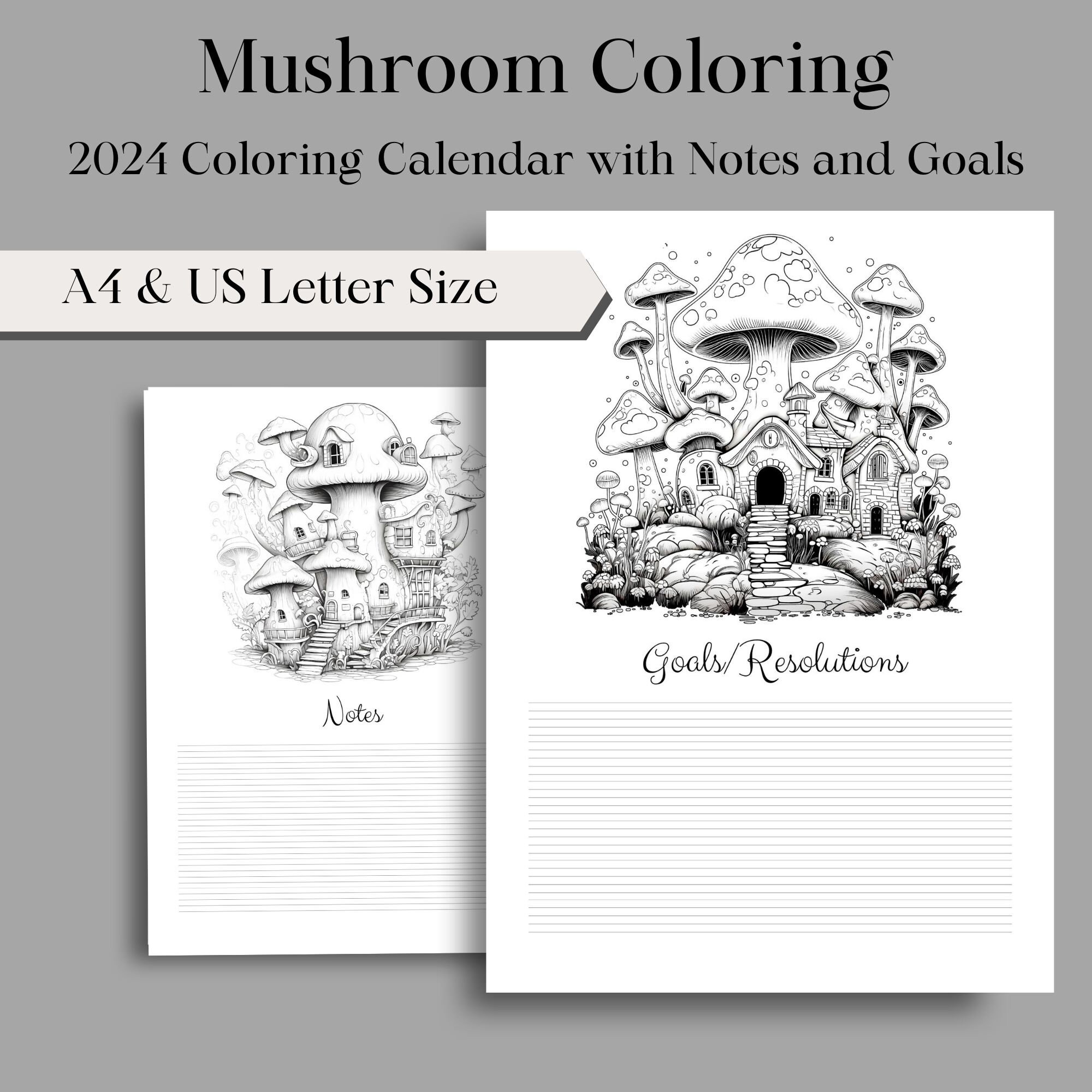 Coloring Calendar 2024 Calendar Adult Coloring Mushroom Calendar for ...