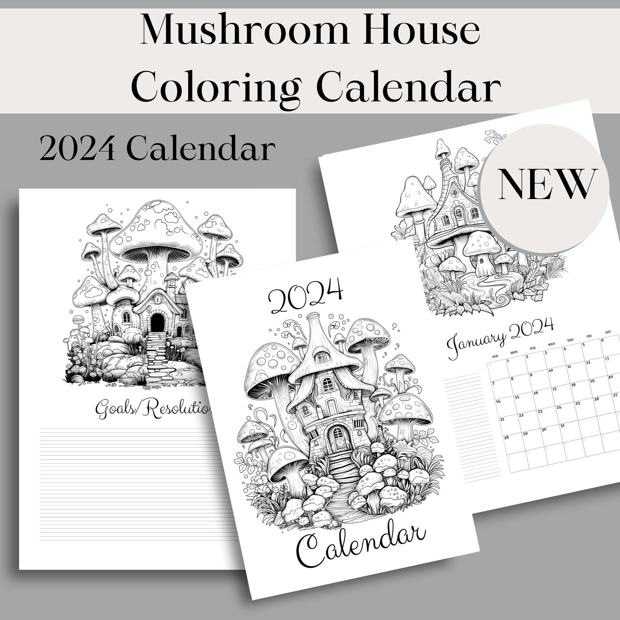 Coloring Calendar 2024 Calendar Adult Coloring Mushroom Calendar for ...