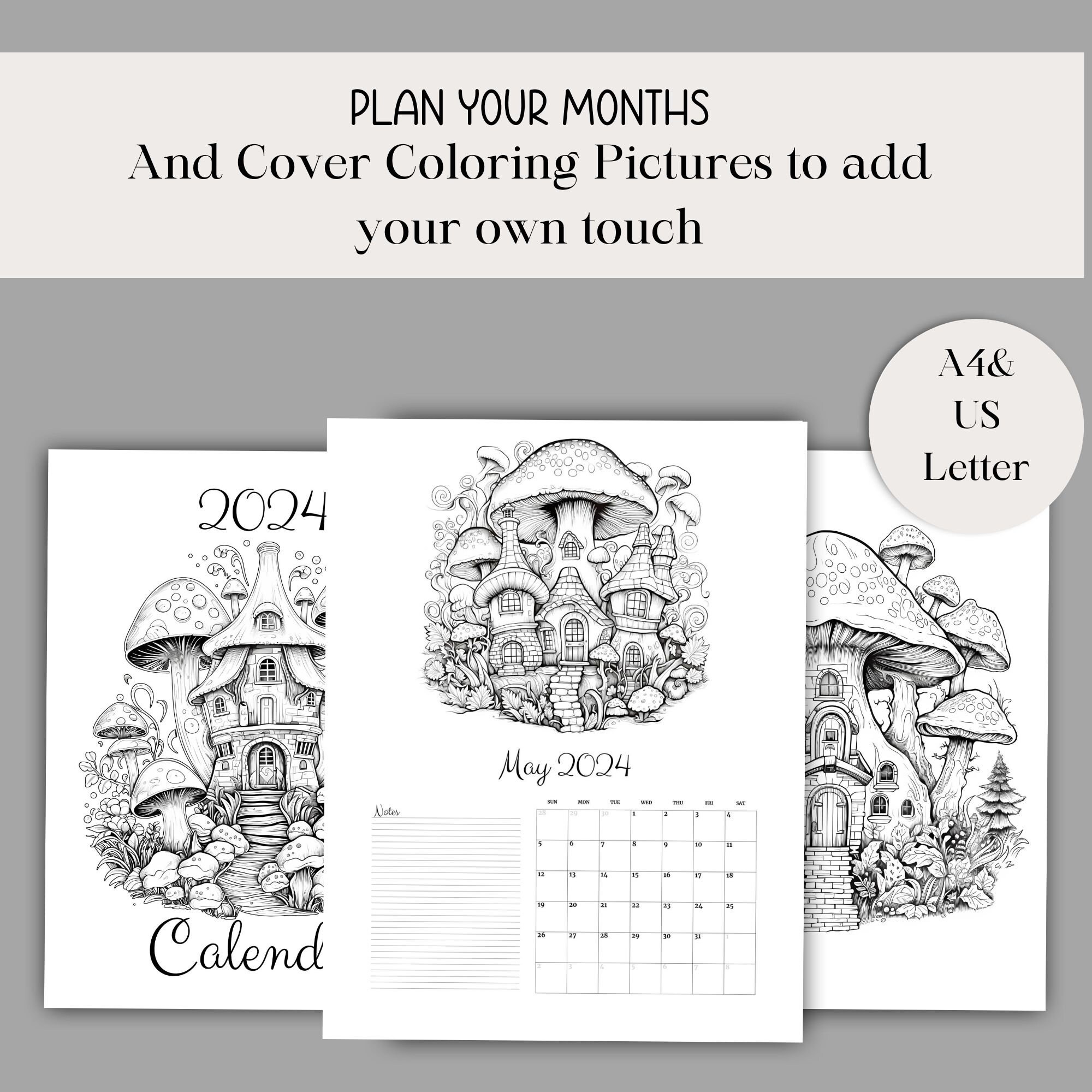 Coloring Calendar 2024 Calendar Adult Coloring Mushroom Calendar for ...