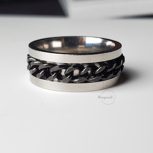 Silver Spinner Rings, Stylish Chain Rings, Rotatable Ring, Black Chain ...