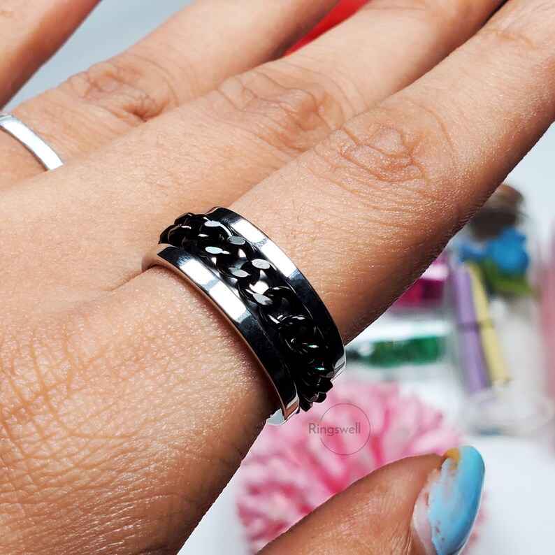 Silver Spinner Rings, Stylish Chain Rings, Rotatable Ring, Black Chain ...