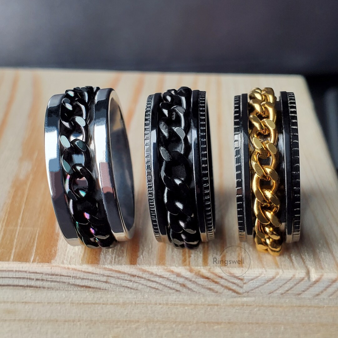 Black/silver Chain Ring, Chain Spinner Ring, Gold Fidget Ring, Ring for ...