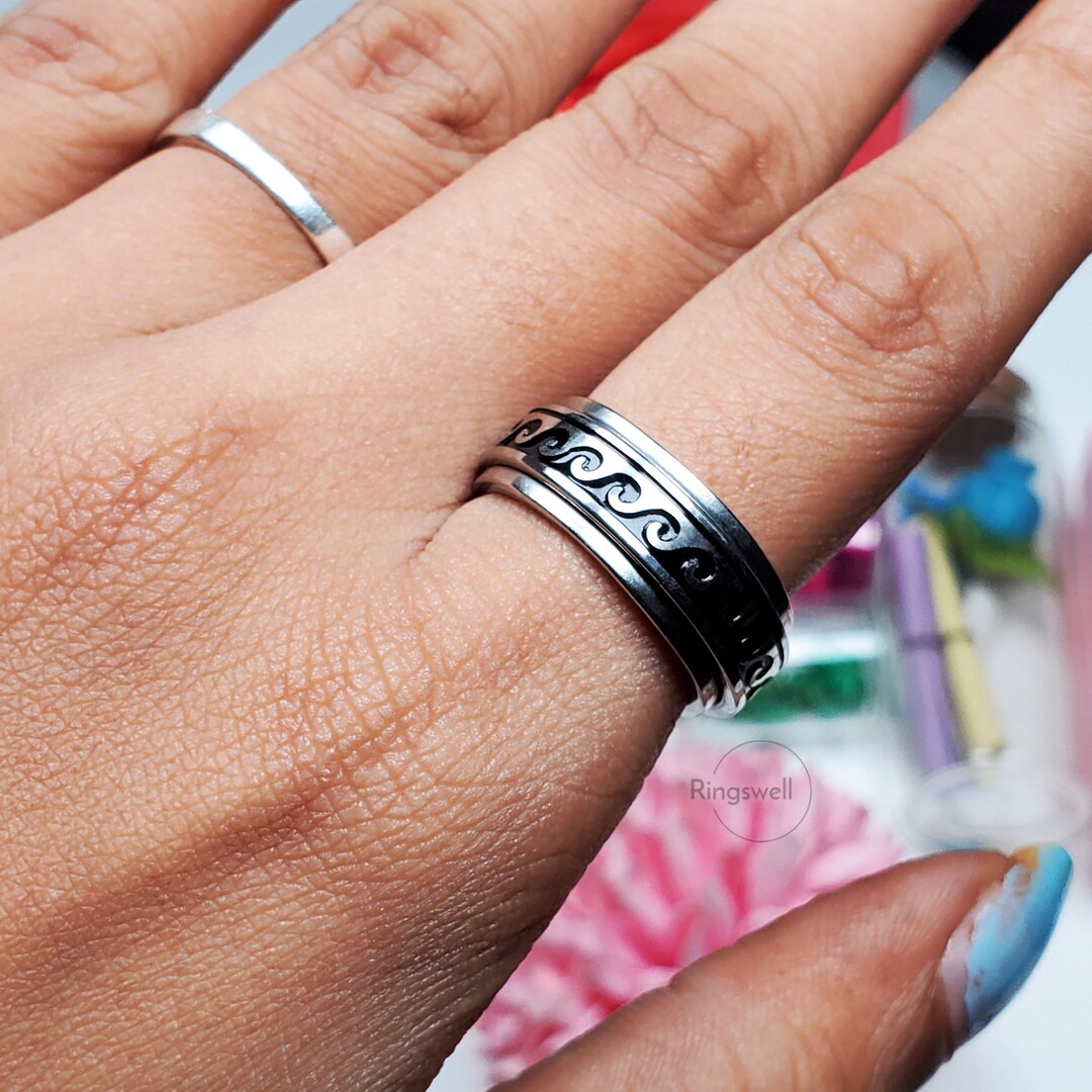 Ocean Waves Ring, Silver Spinner Ring, Waves Fidget Ring, Rotatable ...