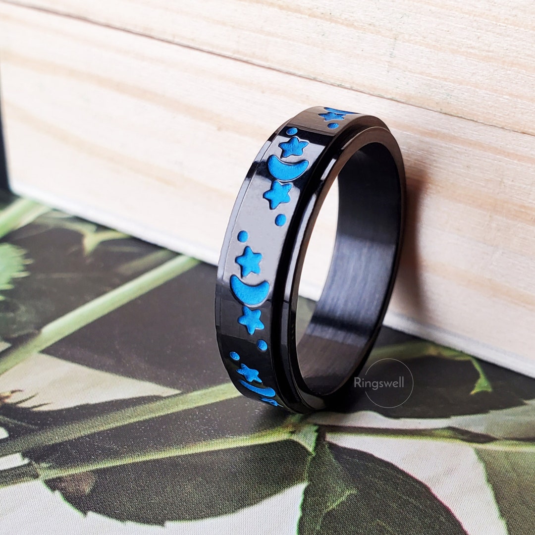 Black Moon/star Pattern Ring, Dark Spinner Rings, Spinning Rings ...