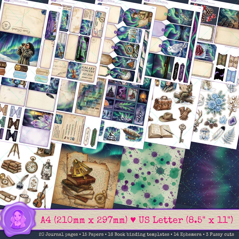 Aurora Borealis Printable Junk Journal Kit - Vintage Winter Expedition ...