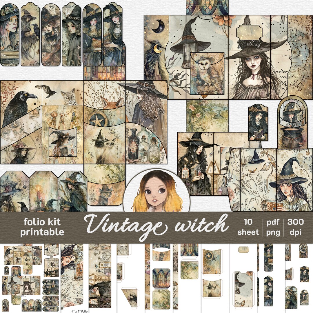 Vintage Witch - Printable Junk Journal Folio - Junk Journal Kit Folio - Folio Kit - Junk ...