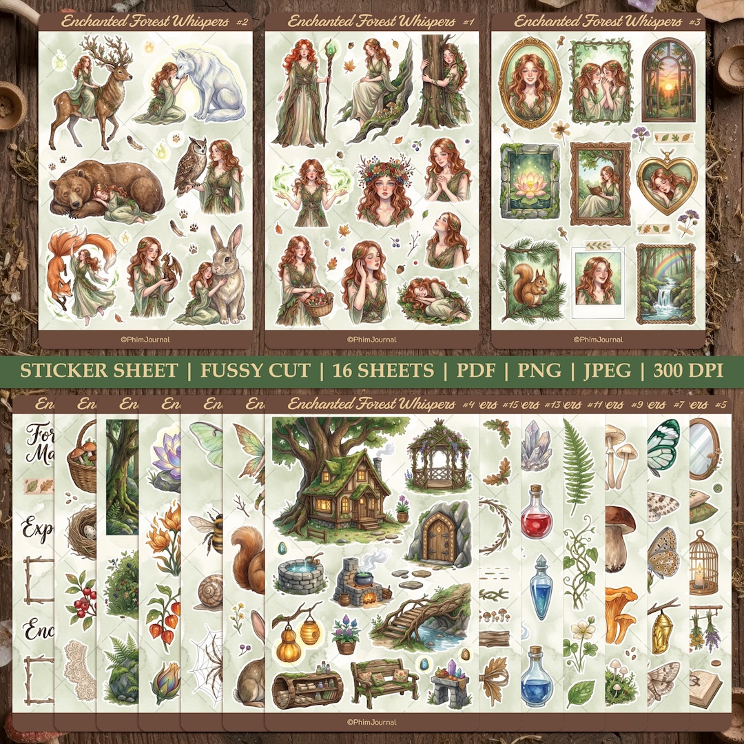Enchanted Forest Whispers Printable Sticker Sheet, Woodland Spirits ...
