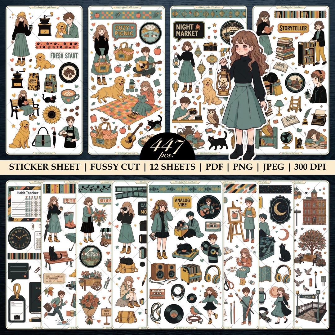 Midnight Urban Printable Sticker Sheet, Fussy Cut, Cozy Picnic & Night ...