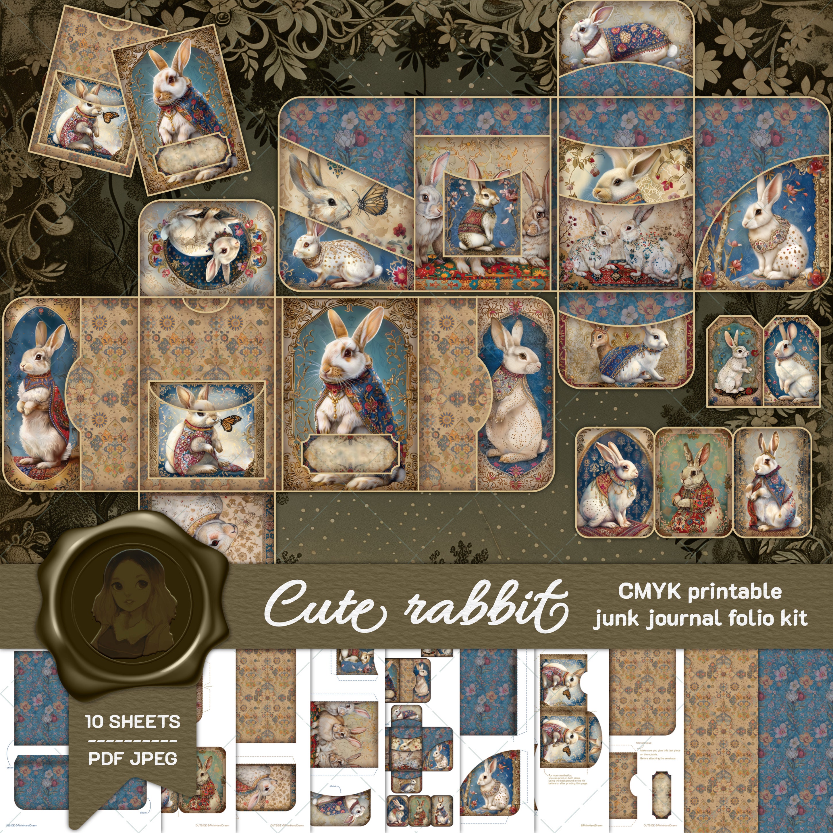 Cute Rabbit Woodland Animals Printable Folio Junk Journal Kit Folio Kit ...