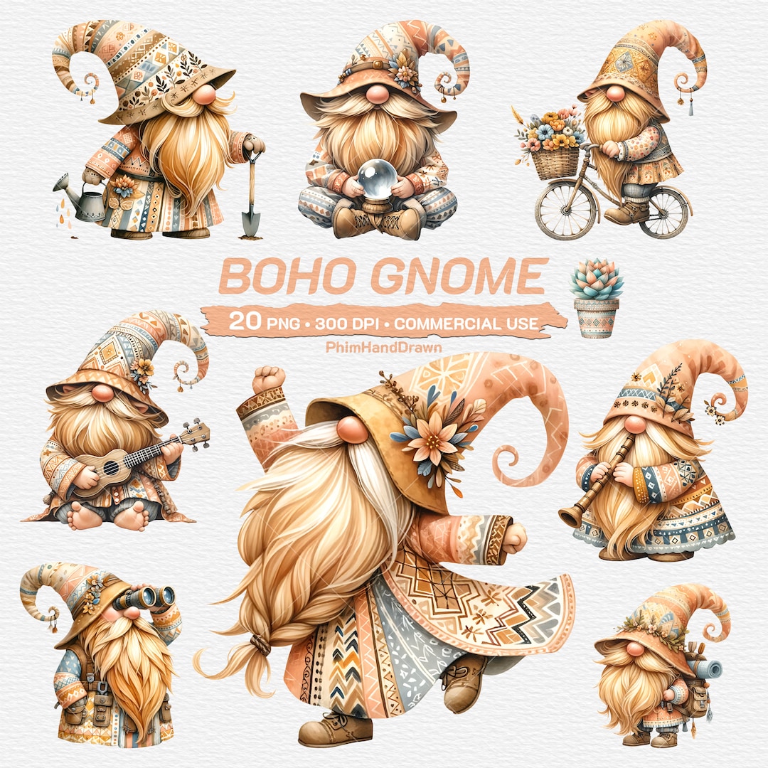 Boho Gnome | Watercolor Clipart | Autumn Gnome | Vintage Bohemian ...
