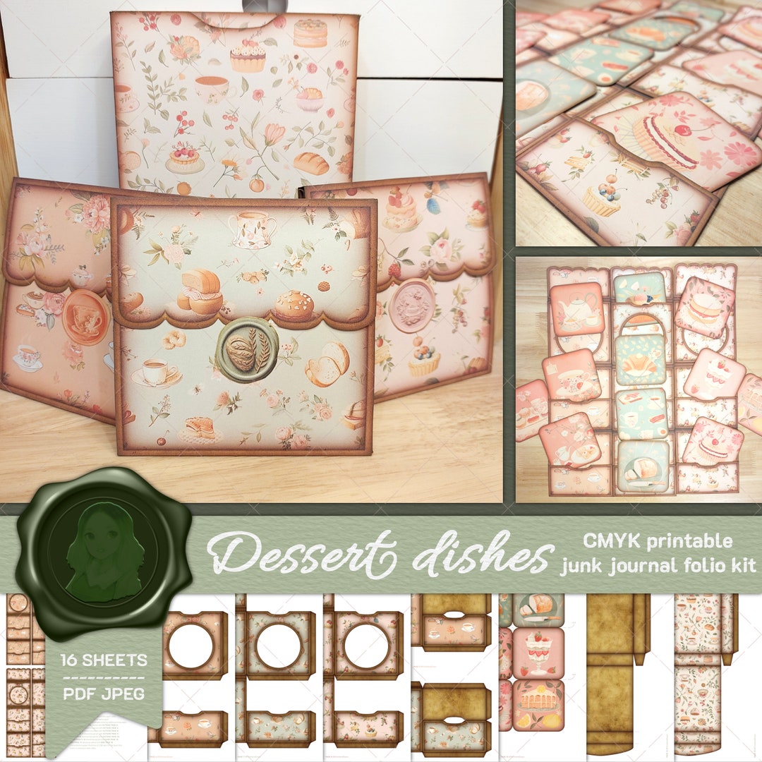 Dessert Dishes Box Set, Bakery Gift, Printable Folio Junk Journal Kit ...