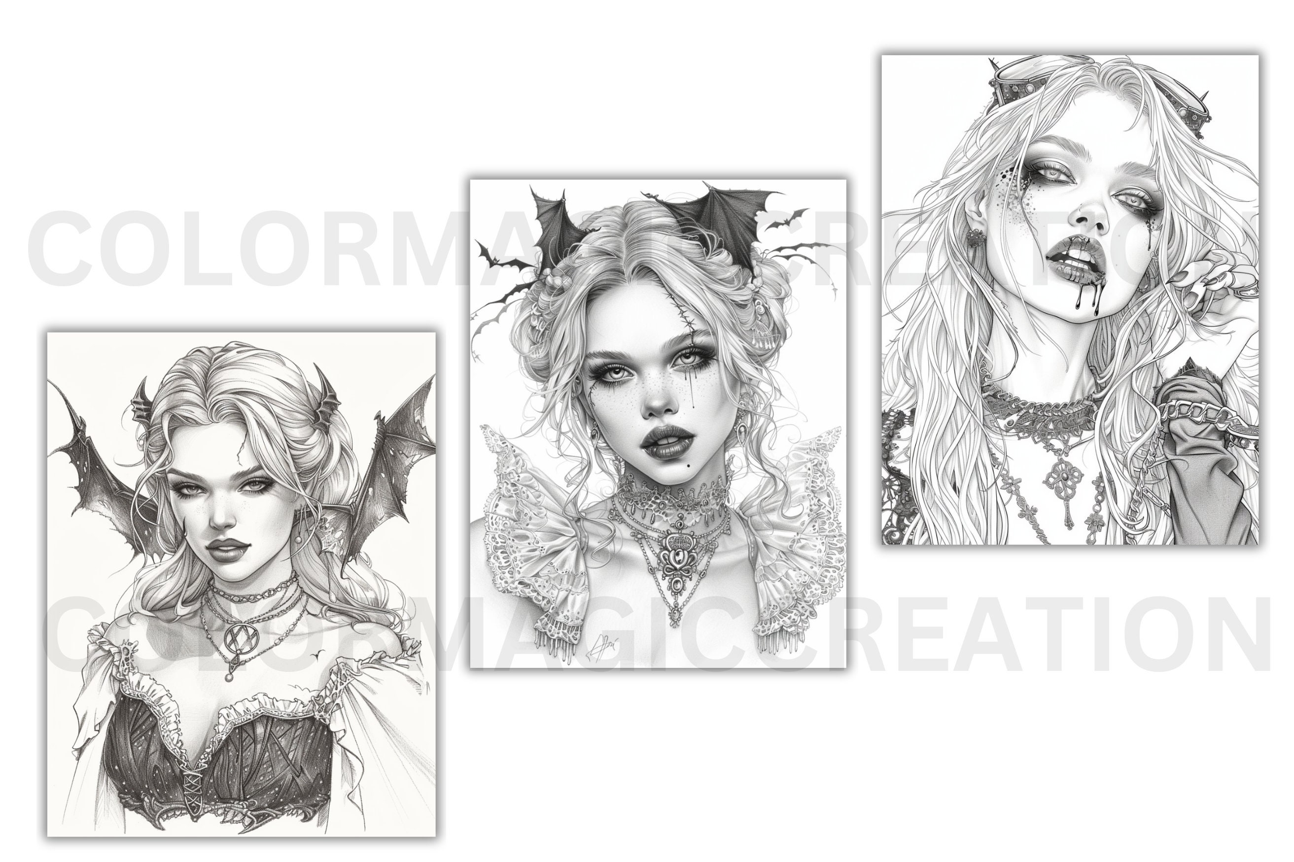 25 Vampire Women Portrait Coloring Pages, Grayscale Coloring Book for ...