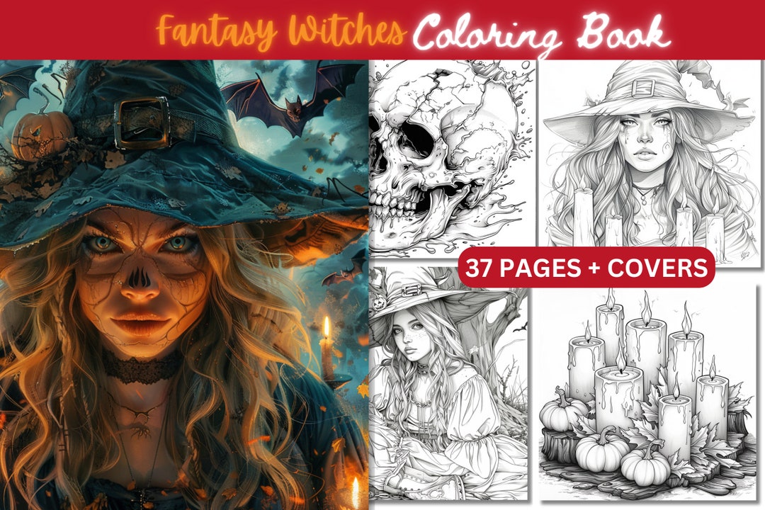 Fantasy Witches Coloring Book, Grayscale Illustrations (PDF Pattern) - Etsy