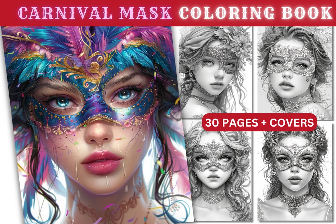 Masquerade Mask Digital Coloring Book, Carnival Mask Coloring Pages ...