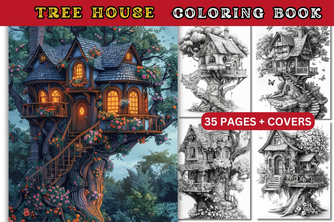 35 Tree Houses Coloring Book, Printable Fantasy Fairy House, Grayscale ...