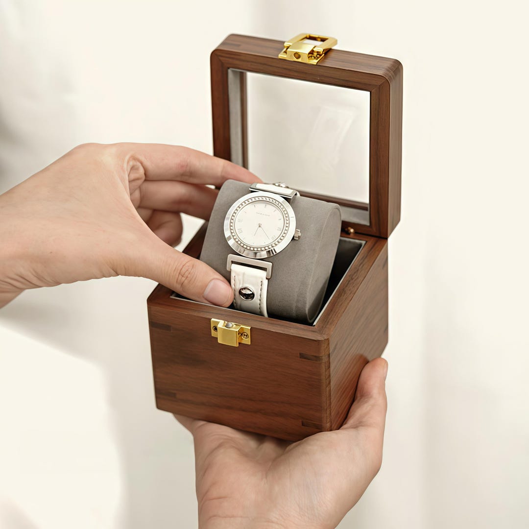 Walnut Wood Single Watch Box With Glass Lid, Luxury Watch Display Case ...