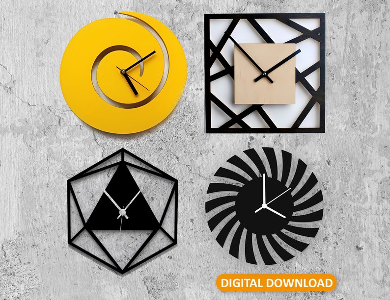 4 Modern Art Wall Clock Laser Cut Svg, Wooden Wall Clock Vector ...