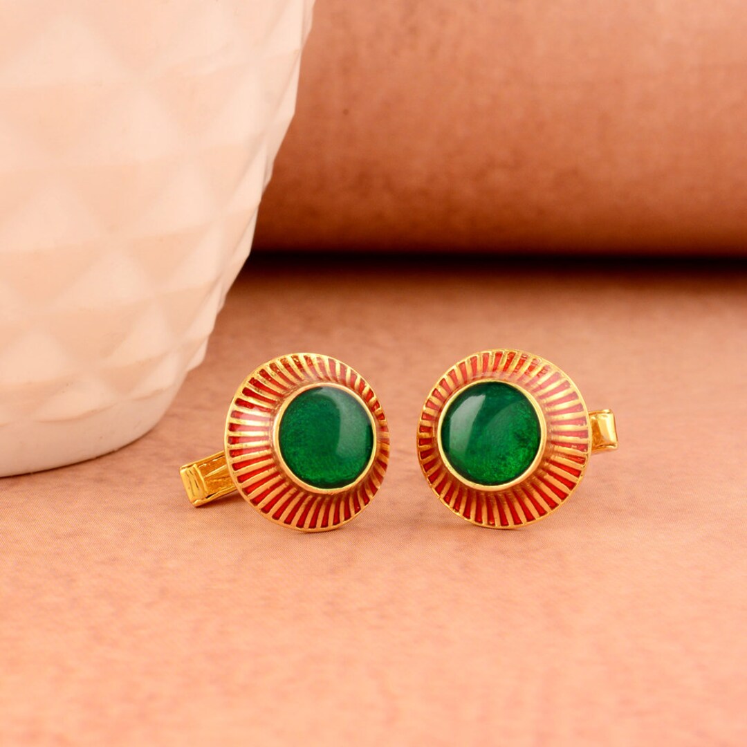 Green and Red Enamel Round Shape Cufflinks Sterling Silver With Gold ...
