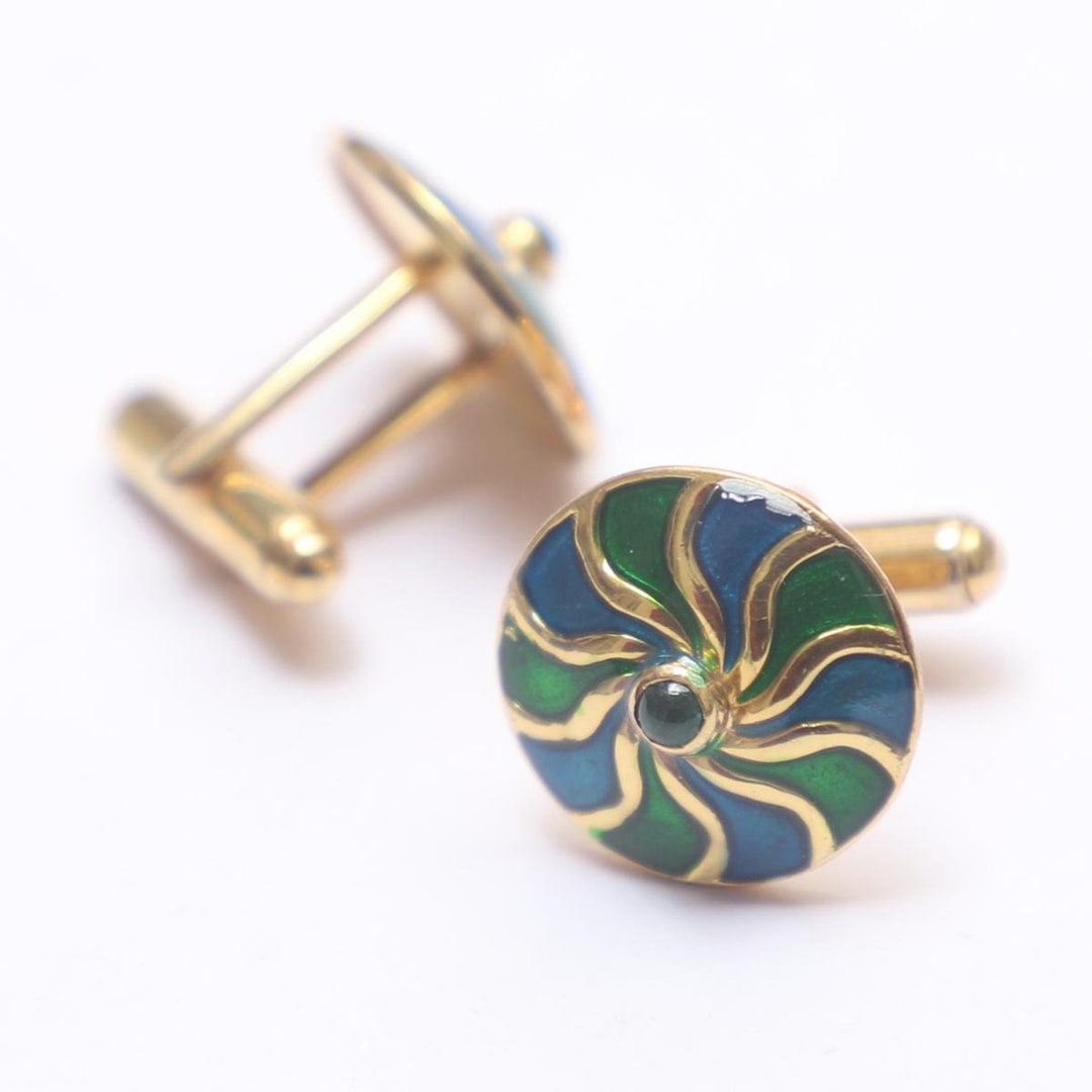 Handcrafted Blue & Green Sun Ray Enamel Round Cufflinks, Silver Gift ...