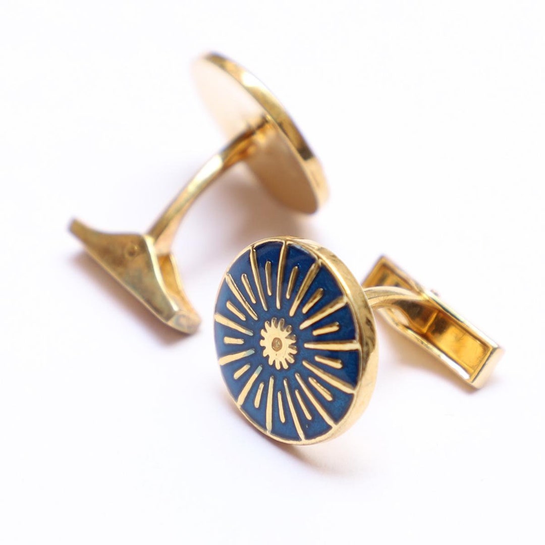 Handcrafted Royal Blue Sun Enamel Round Cufflinks, Sterling Silver Men ...