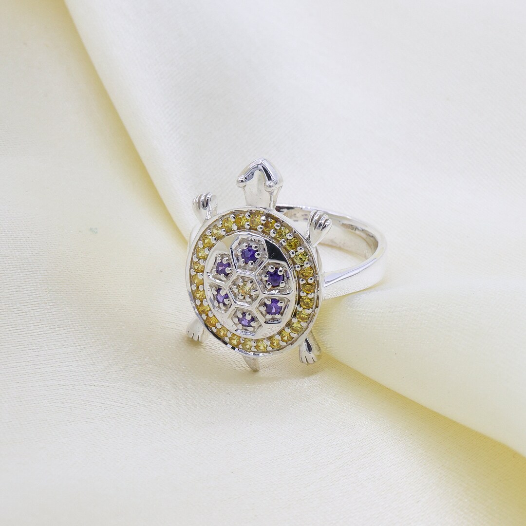 Vintage Handcrafted Tortoise Ring With Yellow and Blue Zircon Stones ...
