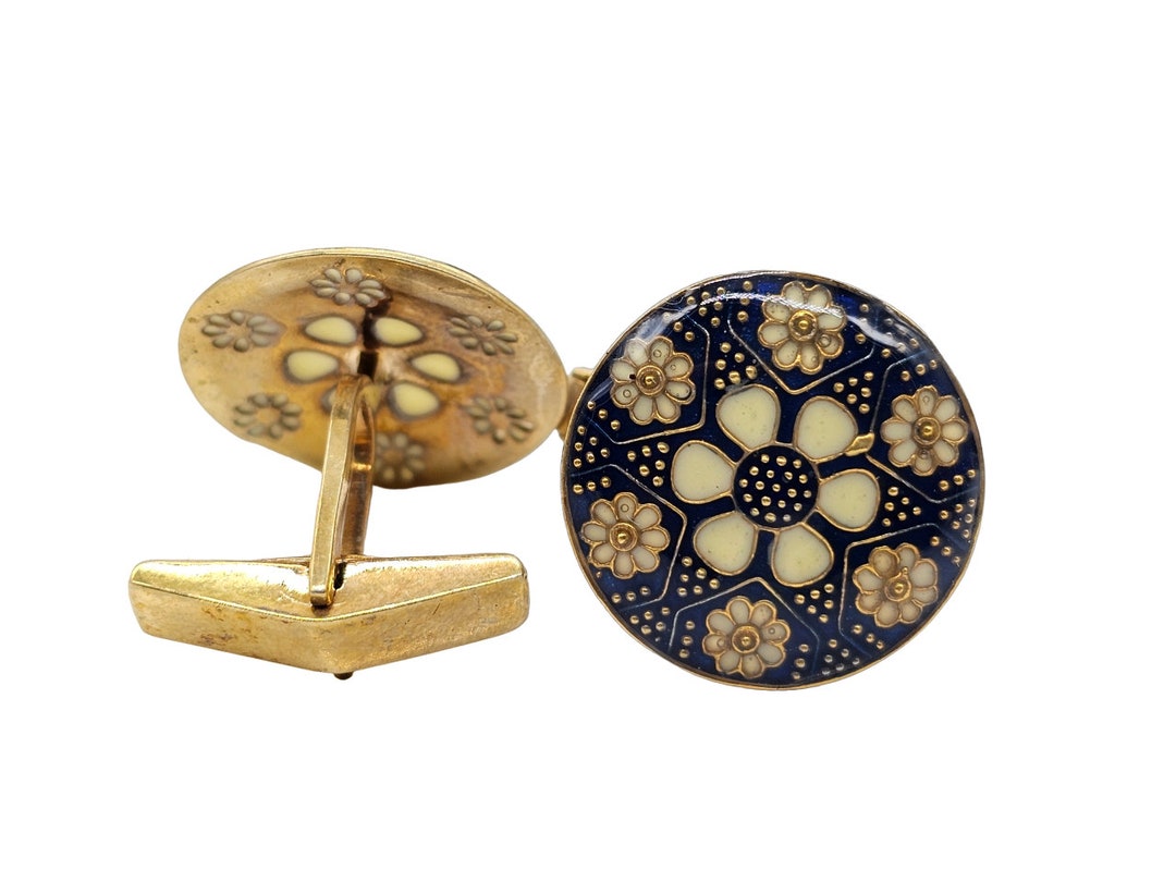 Sterling Silver Enamel Cufflinks: Round Gold Floral Design - Etsy