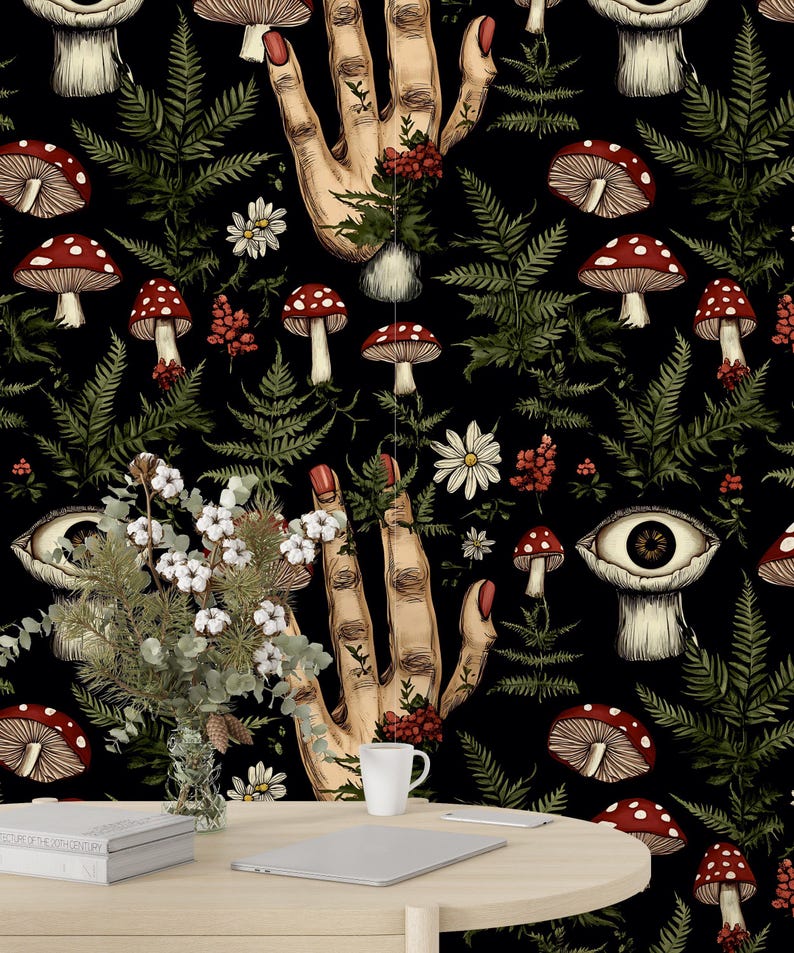 Gothic Mushroom Wallpaper – Dark Seamless Forest Pattern With Eyes ...
