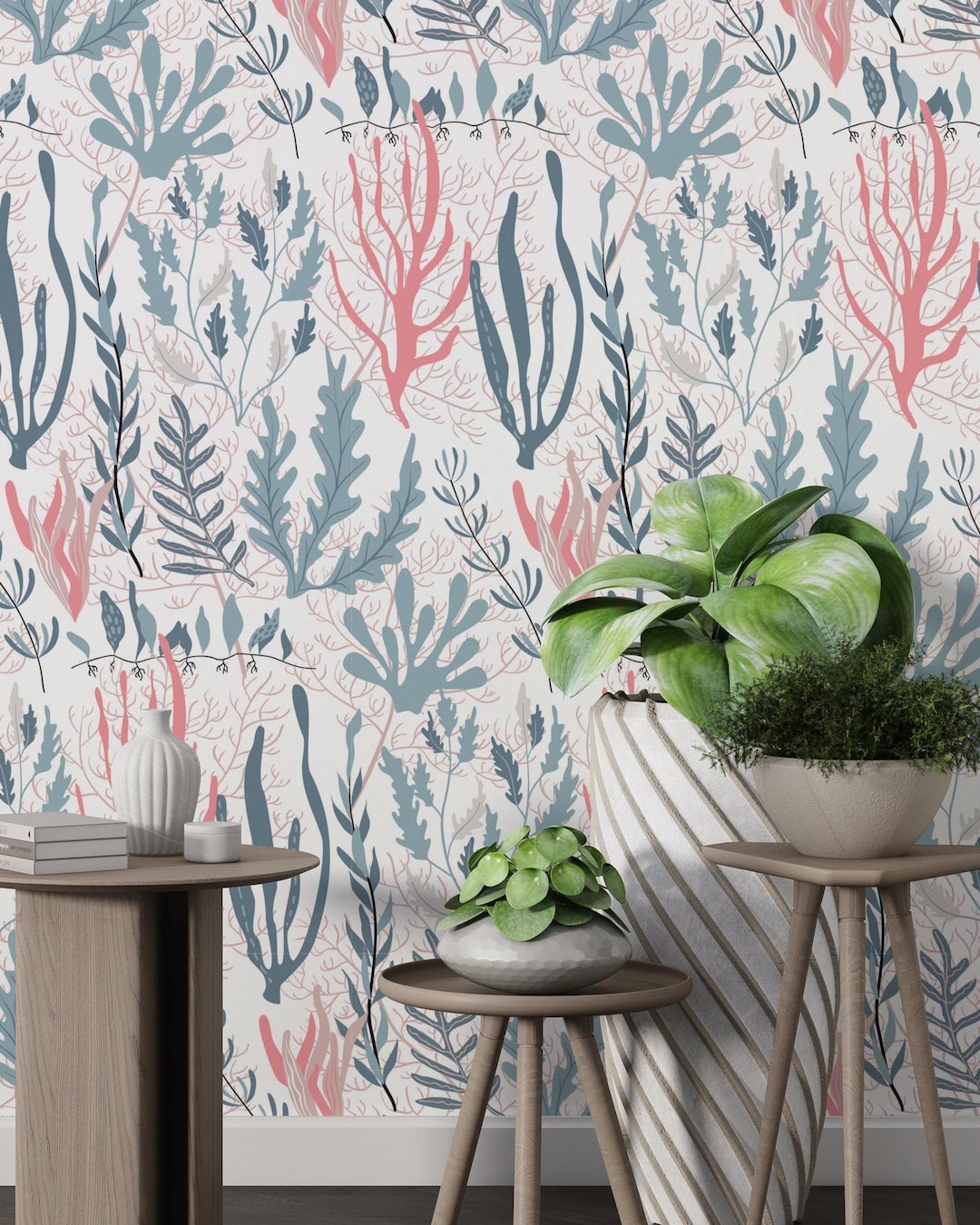 Pink Coral Coastal Wallpaper - Ocean Theme Wall Decal - Etsy