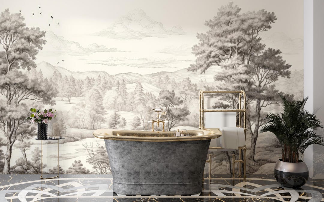 Grayscale Forest & Mountain Wall Mural: Elegant Landscape Wallpaper - Etsy