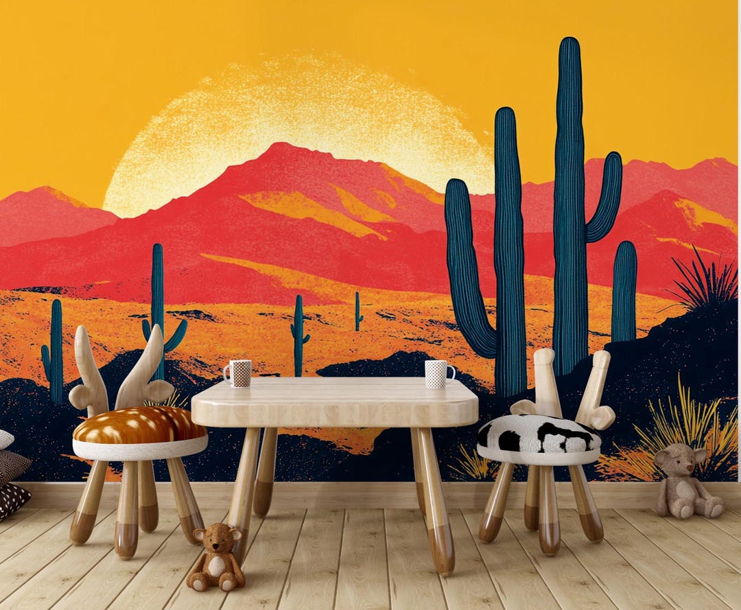 Retro Desert Sunset Wallpaper – Colorful Cactus Western Mural - Etsy
