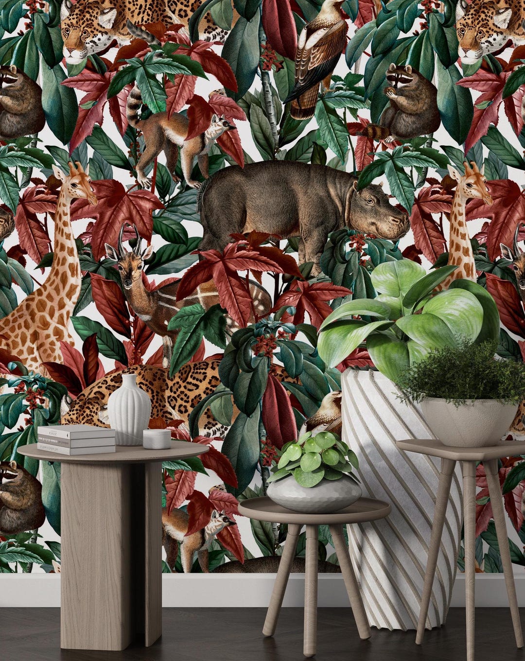 Vintage Safari Animals Wallpaper – Jungle Wildlife Wall Mural Print - Etsy