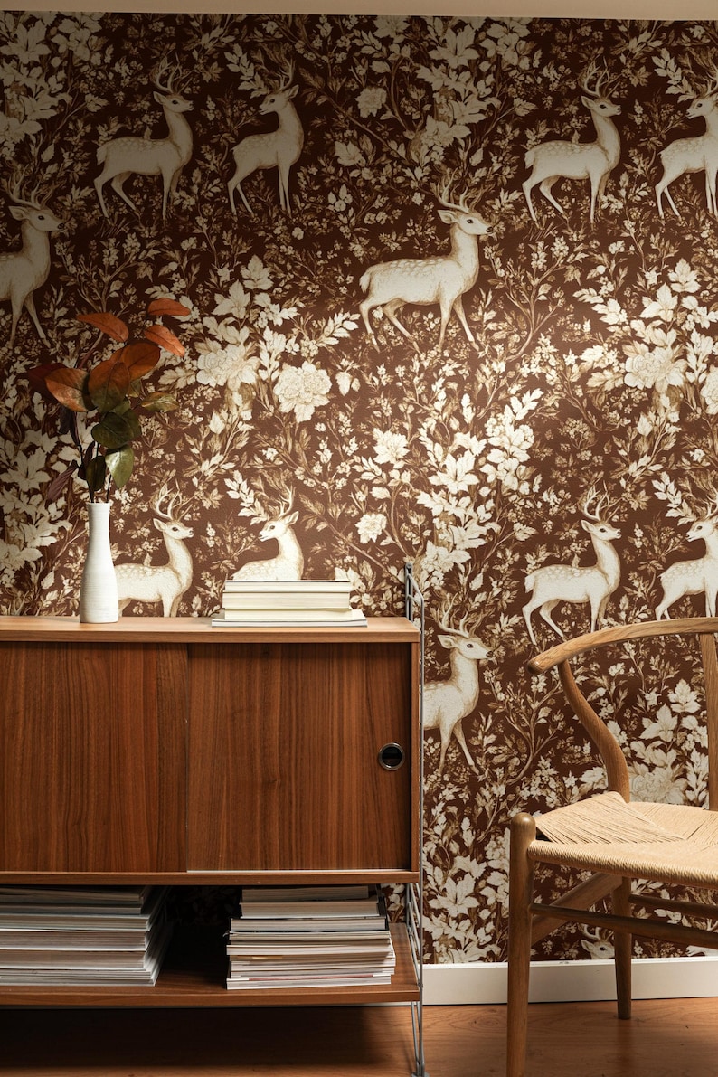 Vintage Deer Forest Wallpaper – Brown Woodland Pattern With Botanical ...