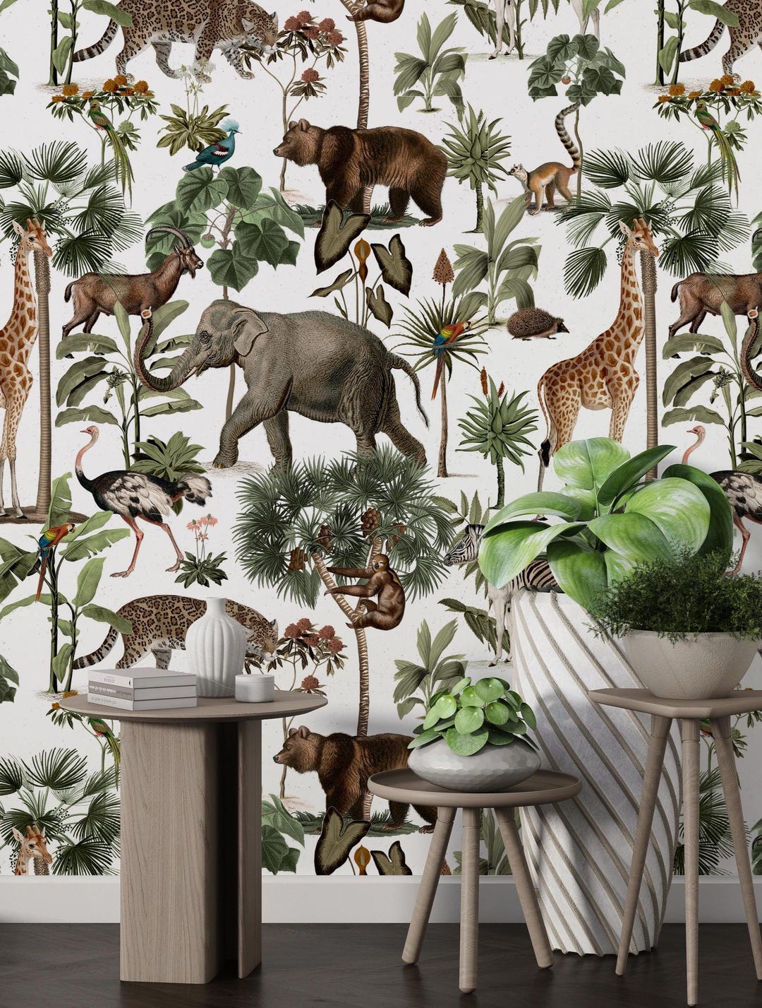 Vintage Safari Animal Wallpaper – Jungle Wall Covering With Giraffes ...