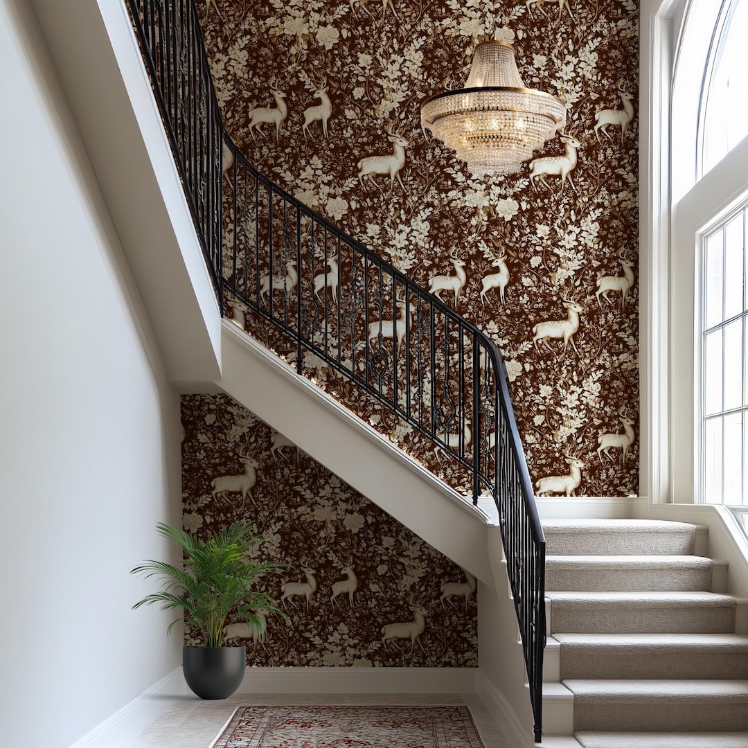 Vintage Deer Forest Wallpaper – Brown Woodland Pattern With Botanical ...