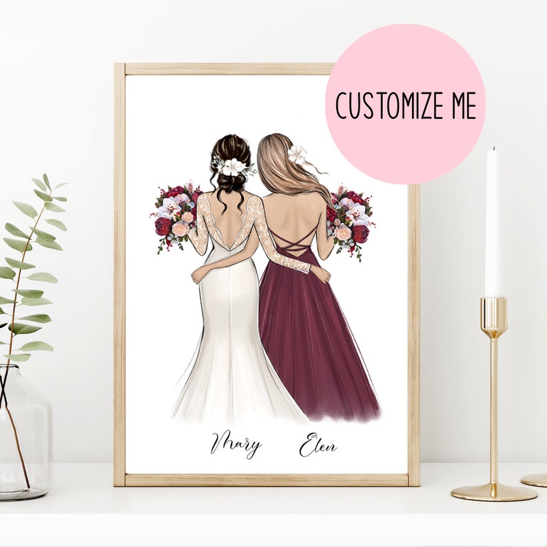Personalized Bridesmaid Print Gift, Bride and Bridesmaid Art Print, Be ...