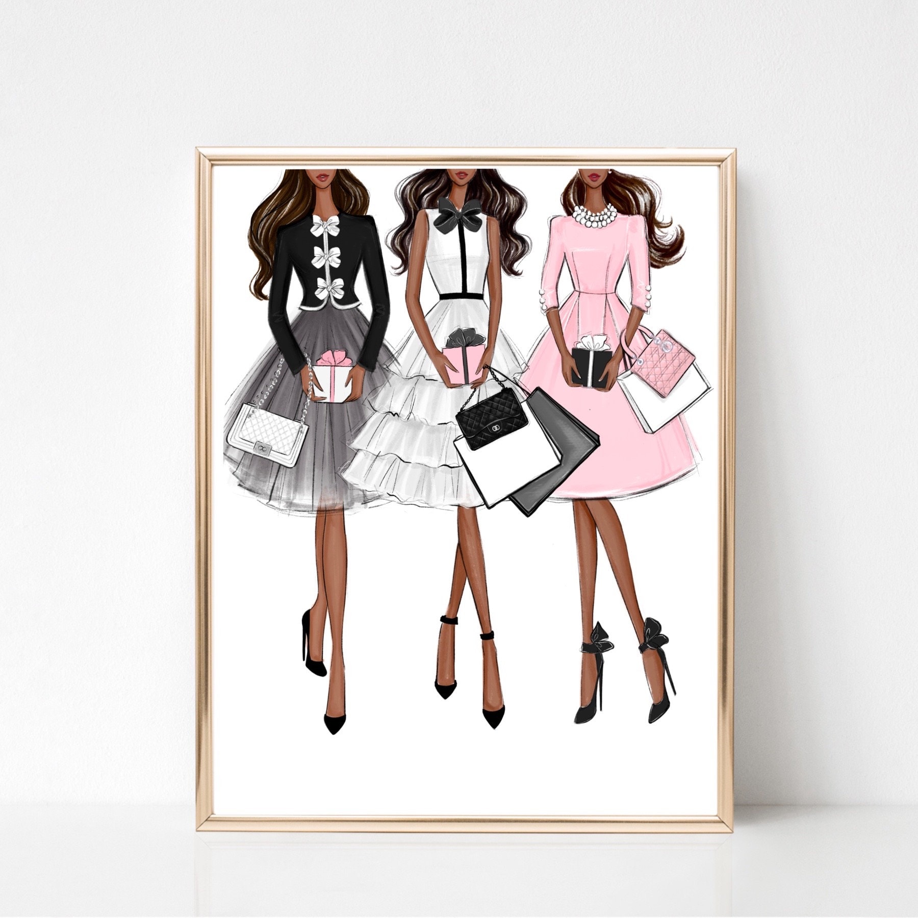 Fashion Girls Art Print in Black and Blush Pink Dress, Girly Closet ...