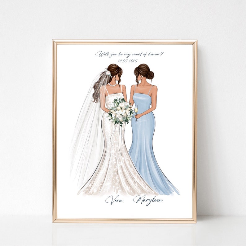 Custom Bride Bridesmaid Illustration, Personalized Bridesmaid Art Print ...