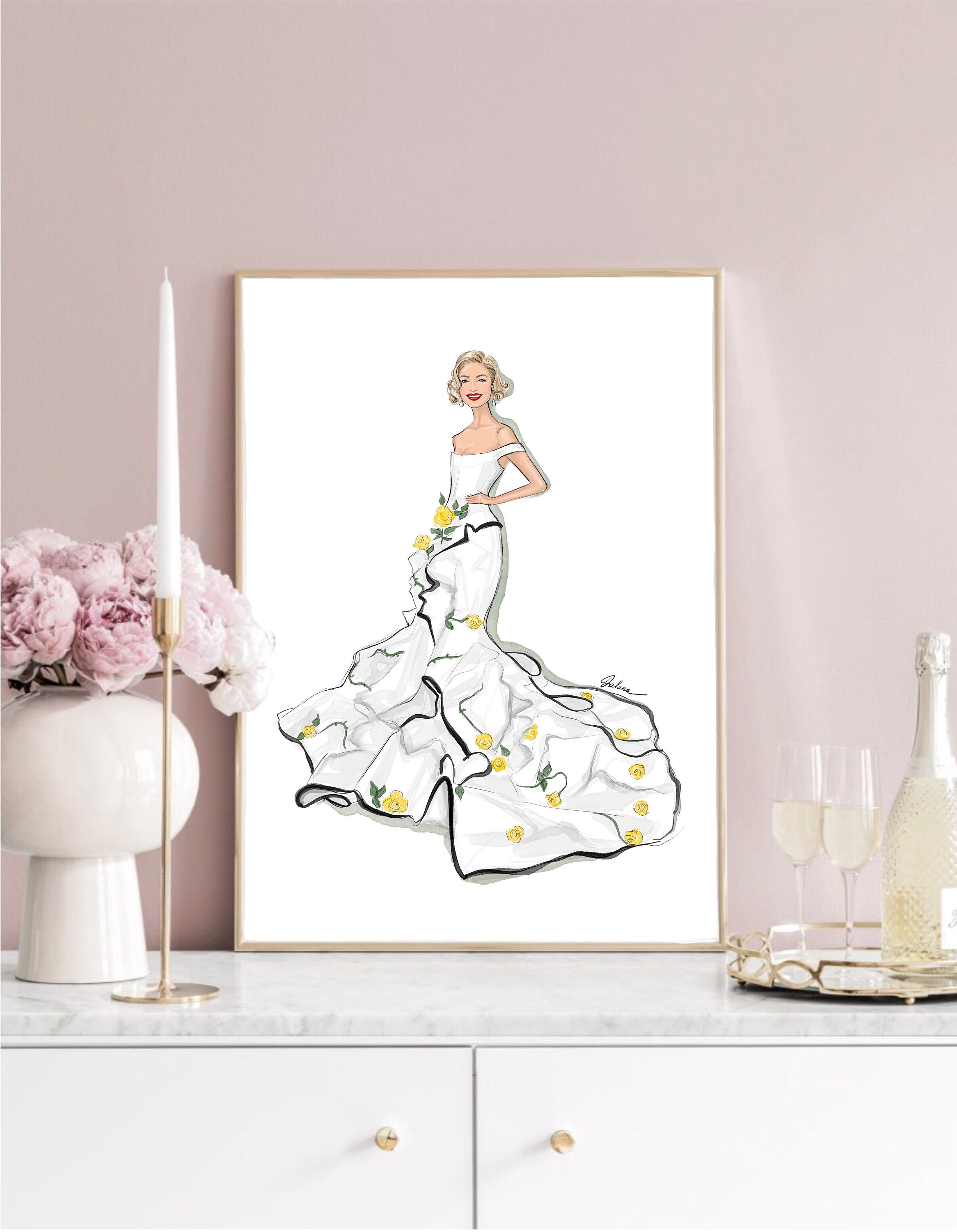 Fashion Gown Art Print Fashion Illustration, Floral Dress Drawing ...