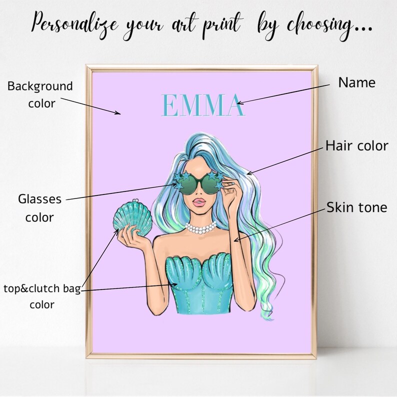 Custom Mermaid Girl Fashion Portrait for Her, Personalized Girly Art ...