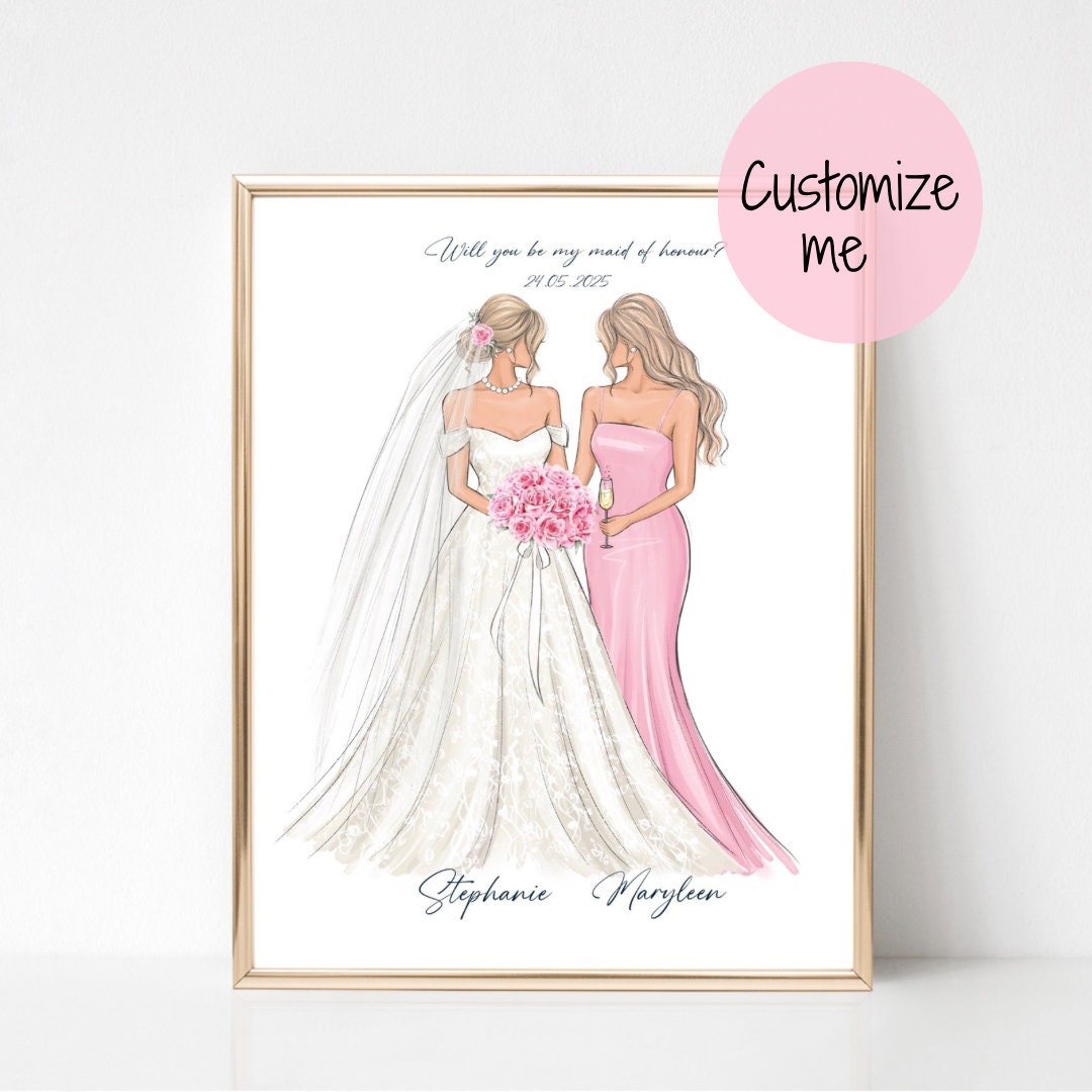 Custom Bride Bridesmaid Drawing, Personalized Bridesmaid Art Print Gift ...