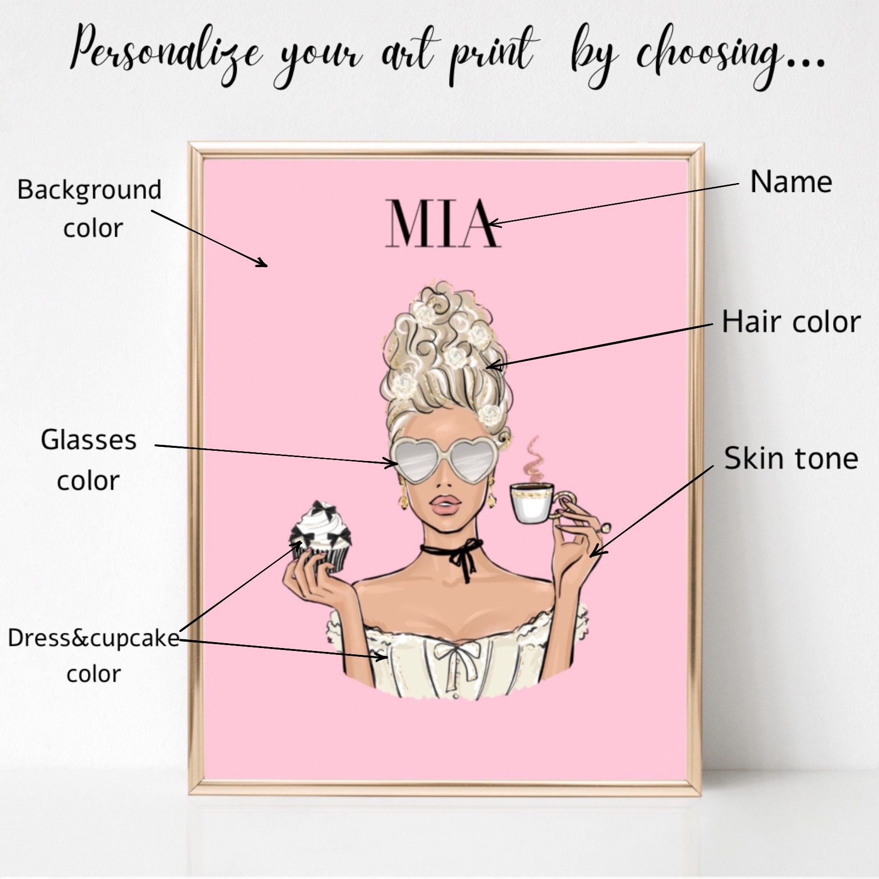 Custom Girl Fashion Portrait for Her, Personalized Girly Art Print ...