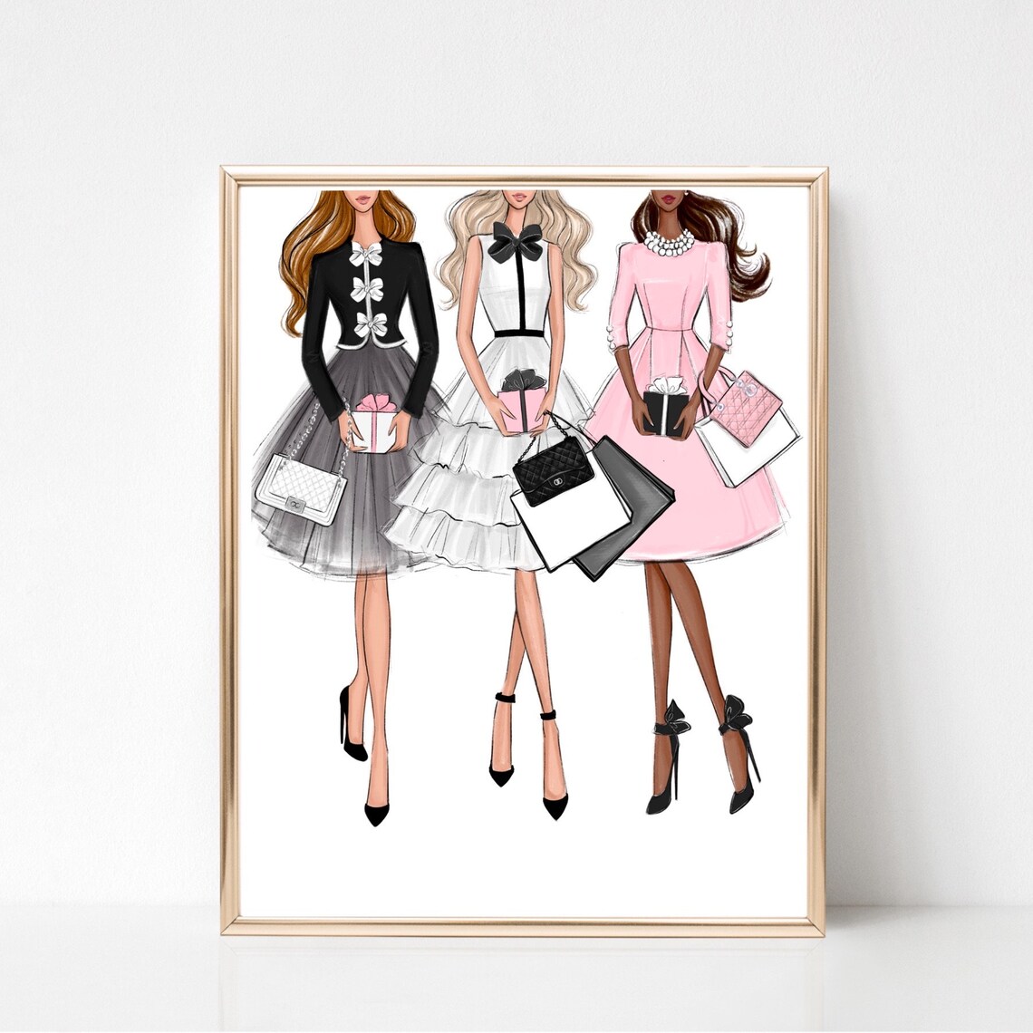 Fashion Girls Art Print in Black and Blush Pink Dress, Girly Closet ...