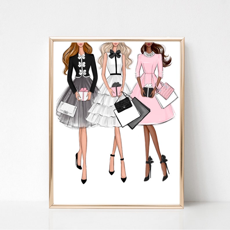 Fashion Girls Art Print in Black and Blush Pink Dress, Girly Closet ...