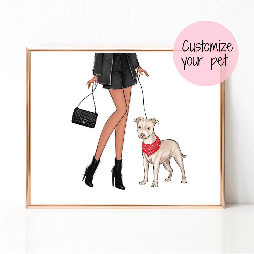 Custom Fashion Girl With Dog Artwork, Personalized Dog Art Print ...