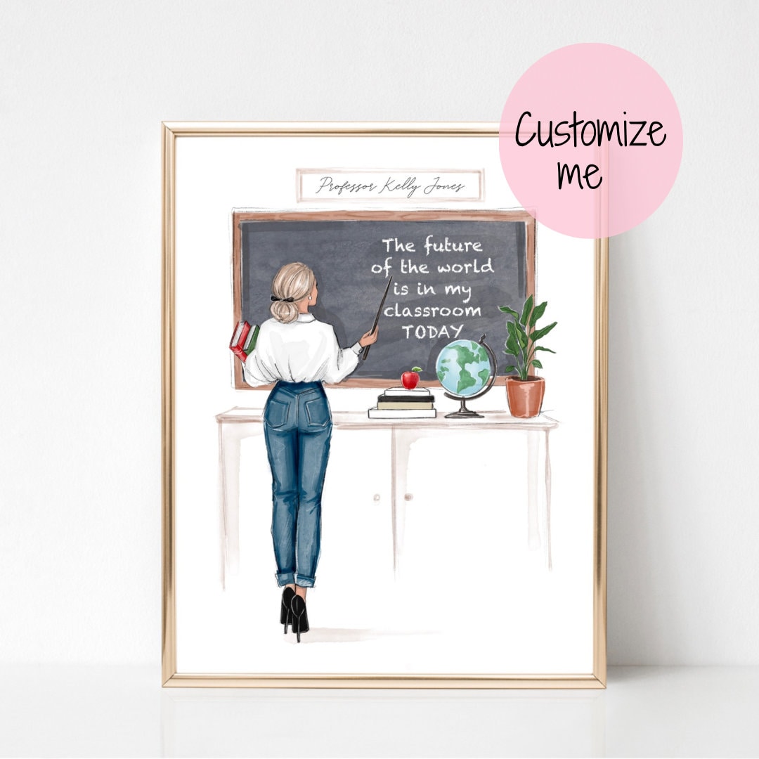Custom Name Teacher Art Print Fashion Illustration, Back to School Art ...