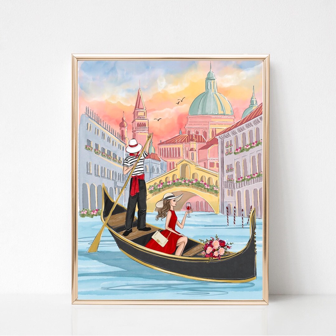 Venice Art Print, Romantic Girly Wall Art, Italy Travel Illustration ...