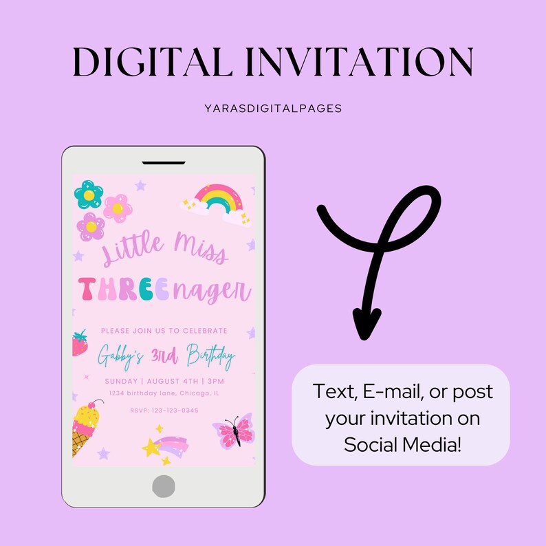 Little Miss Threenager - in My Threenager Era - 3rd Birthday Invite ...