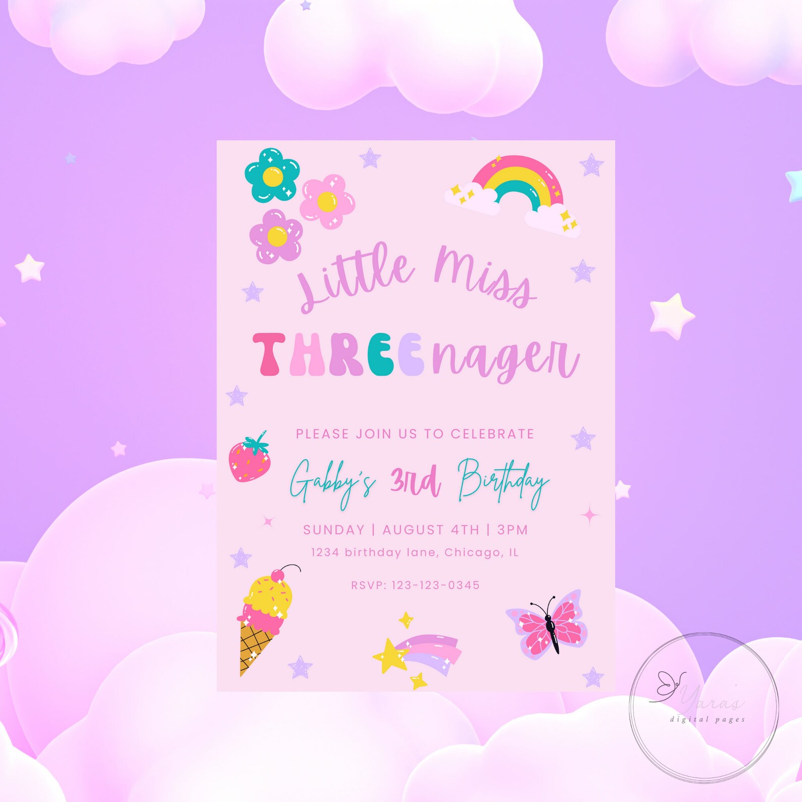 Little Miss Threenager - in My Threenager Era - 3rd Birthday Invite ...