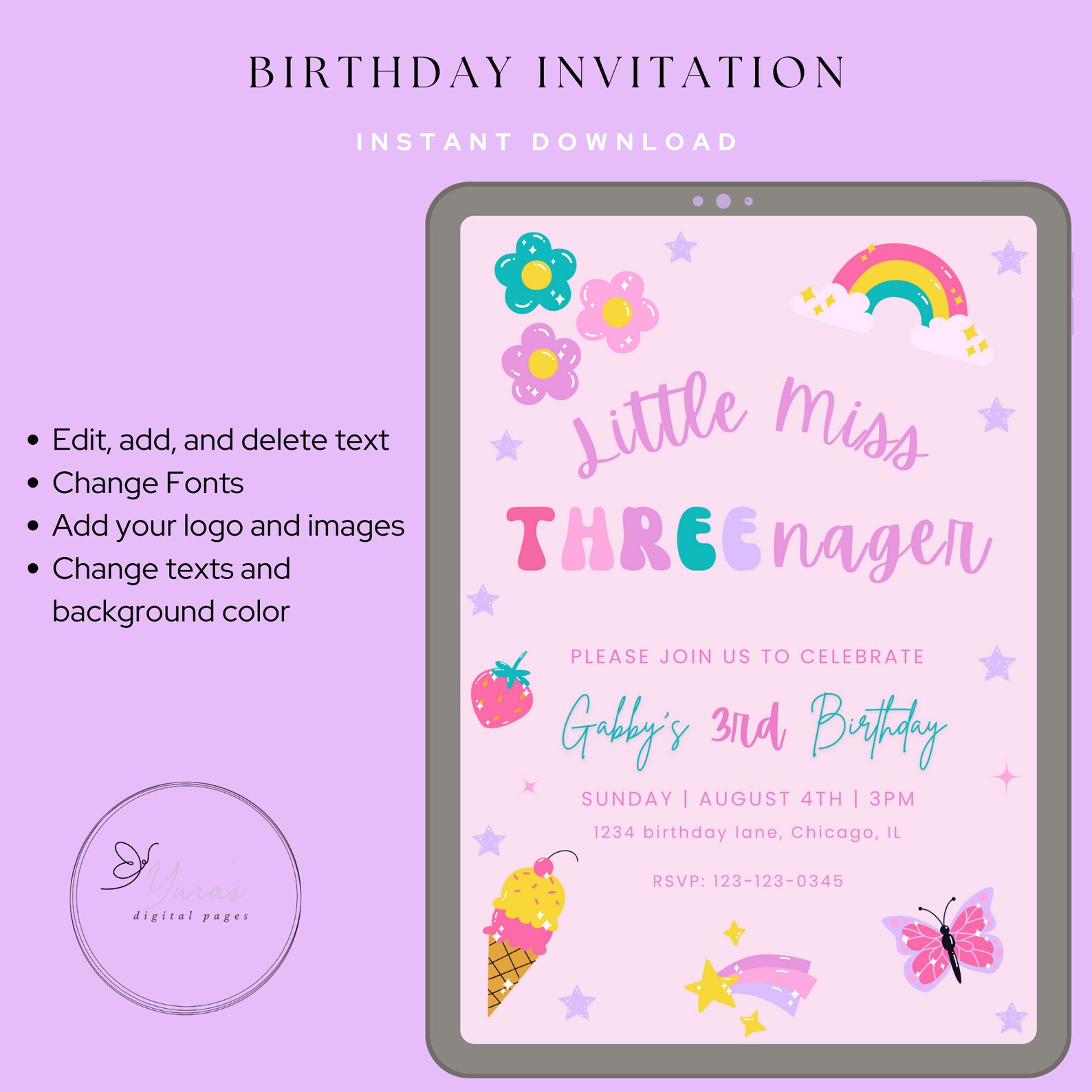 Little Miss Threenager - in My Threenager Era - 3rd Birthday Invite ...